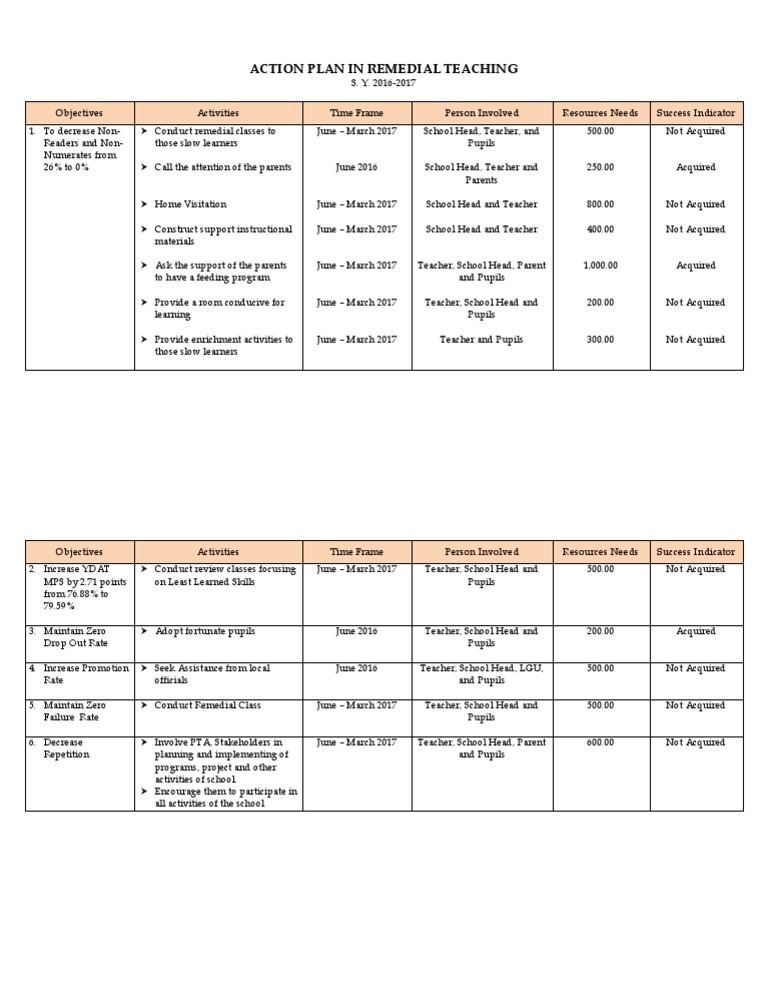 Action Plan Remedial Teaching | PDF | Teachers | Educational Psychology