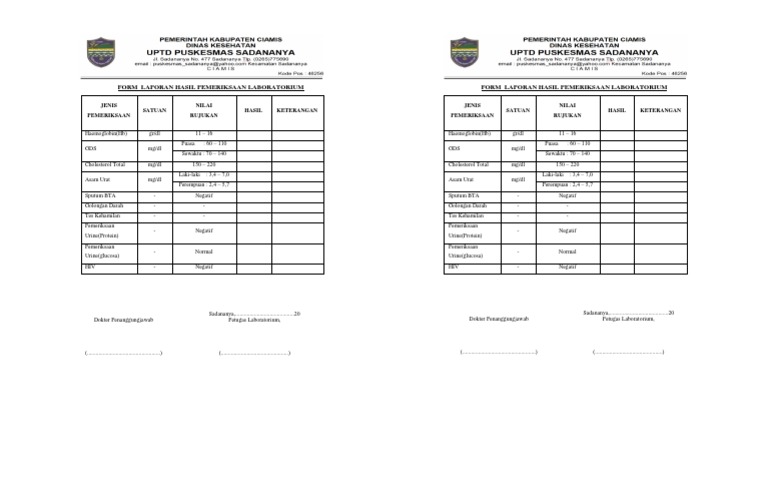 Form Laporan Hasil Pemeriksaan Laboratorium | PDF