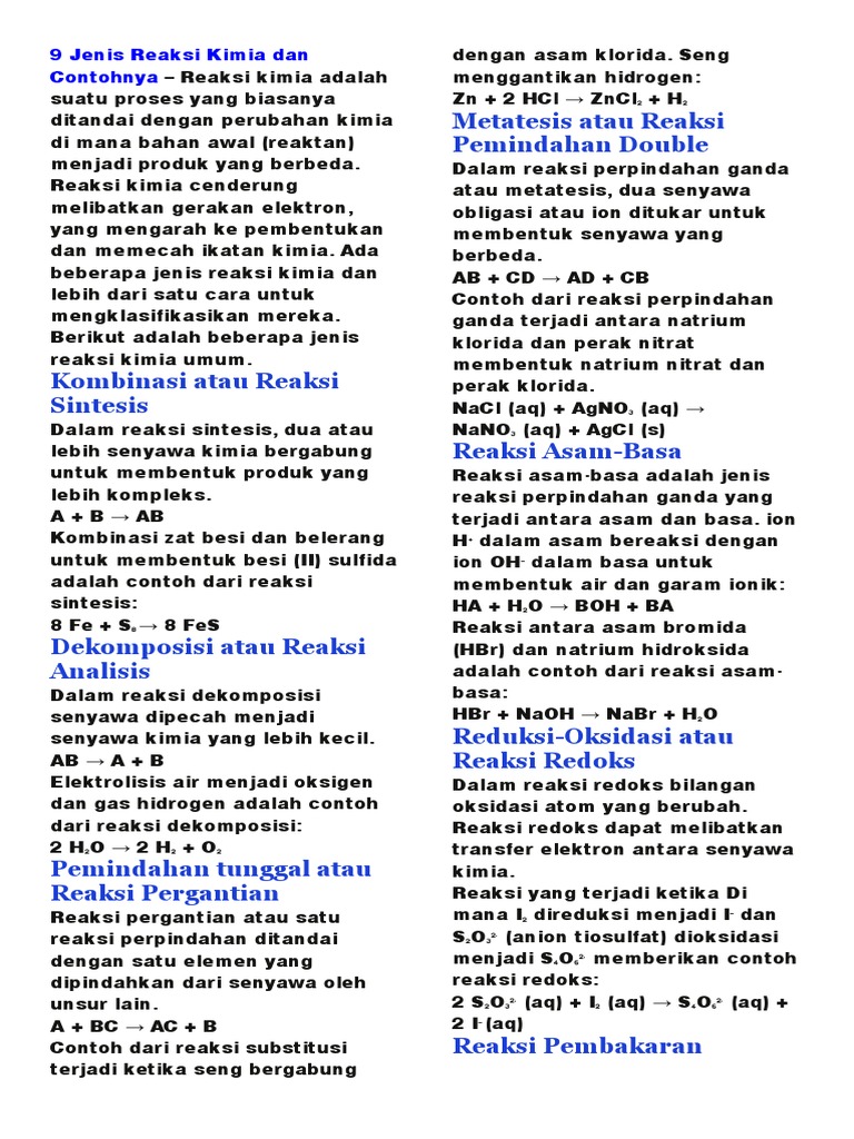 9 Jenis Reaksi Kimia Dan Contohnya | PDF | Sains & Matematika