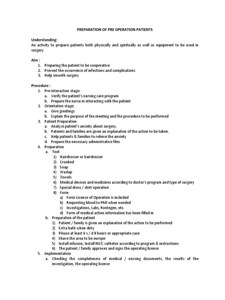 Preparation of Pre Operation Patients | PDF | Surgery | Patient