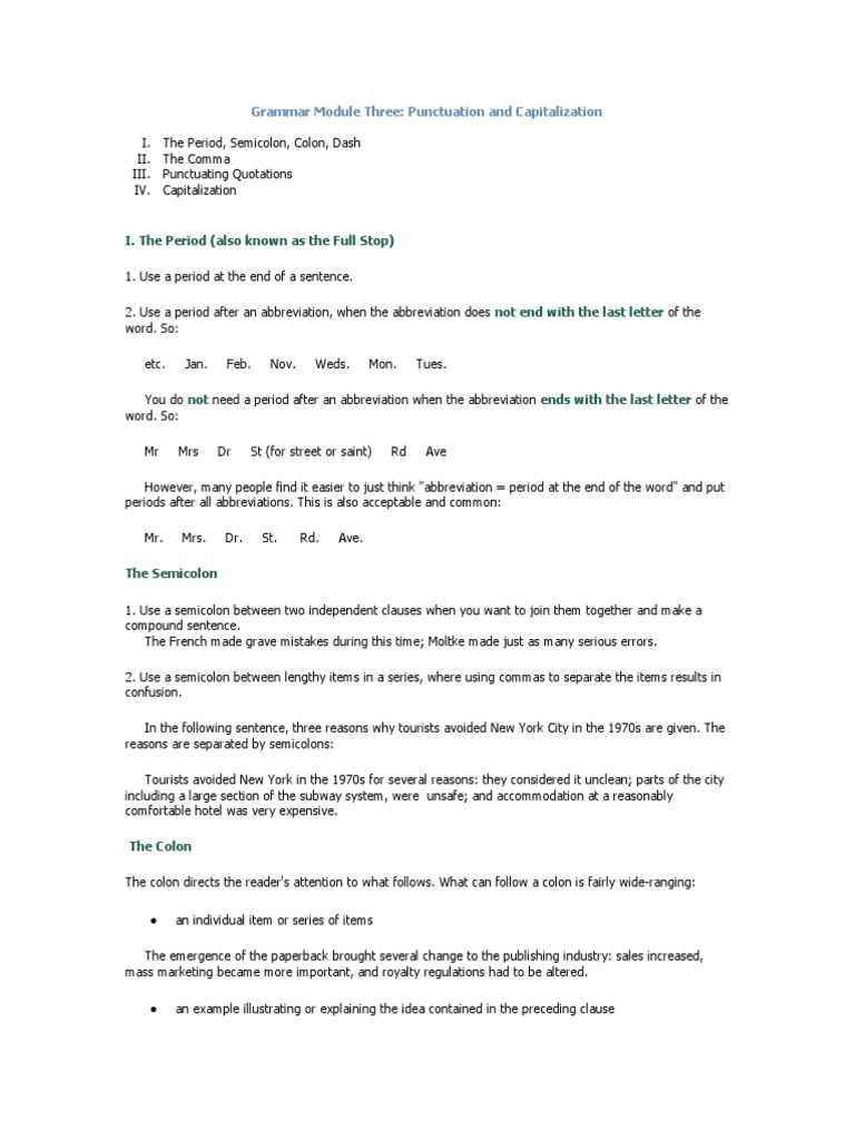 I. The Period (Also Known As The Full Stop) : Grammar Module Three ...