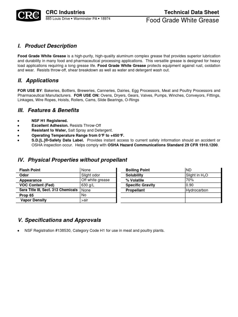 TDS Food Grade White Grease PDF | PDF | Volatile Organic Compound | Aerosol