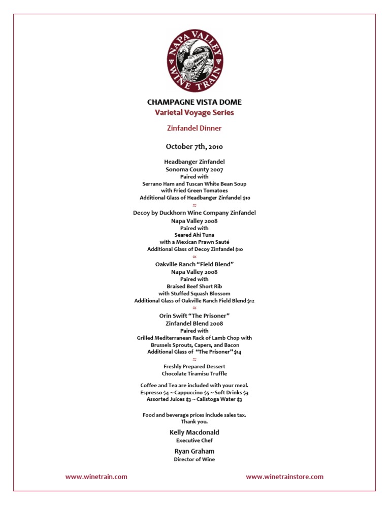 Menu - Varietal Voyage - 100710 - Zinfandel | PDF | Napa County ...