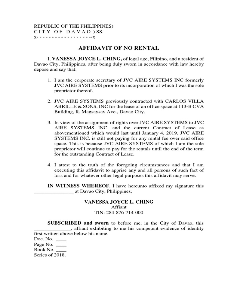 Affidavit of No Rental - JVC Aire Systems Inc | PDF
