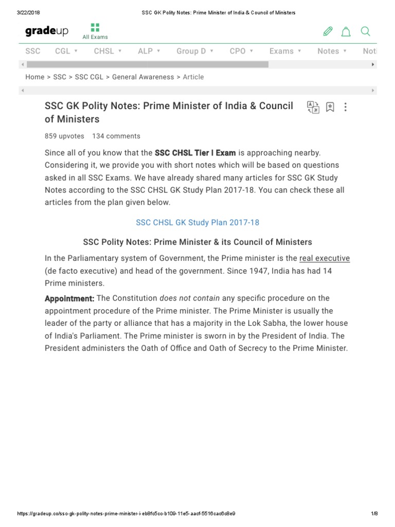 SSC GK Polity Notes - Prime Minister of India & Council of Ministers ...