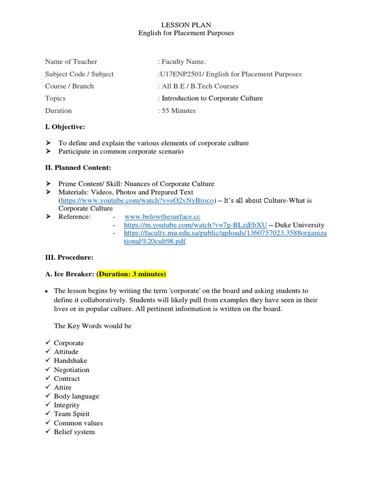 1.1 Lesson Plan Introduction To Corporate Culture (0+1 1 HR) | PDF ...