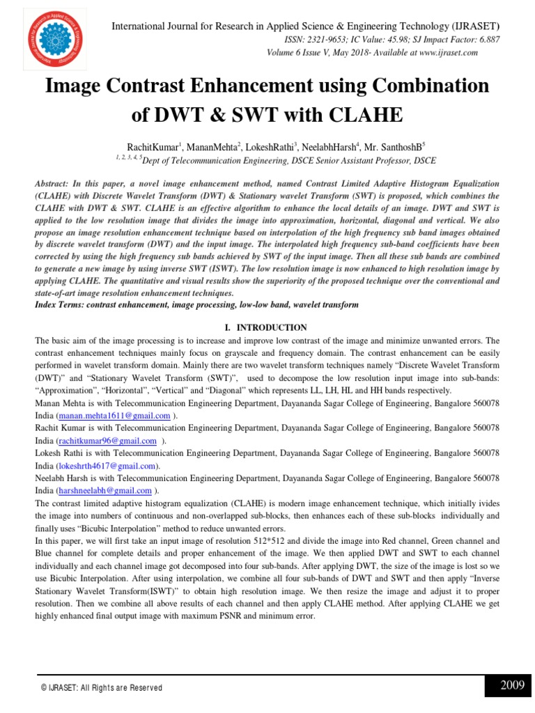 Image Contrast Enhancement Using Combination Of Dwt And Swt With Clahe Pdf Computer Vision