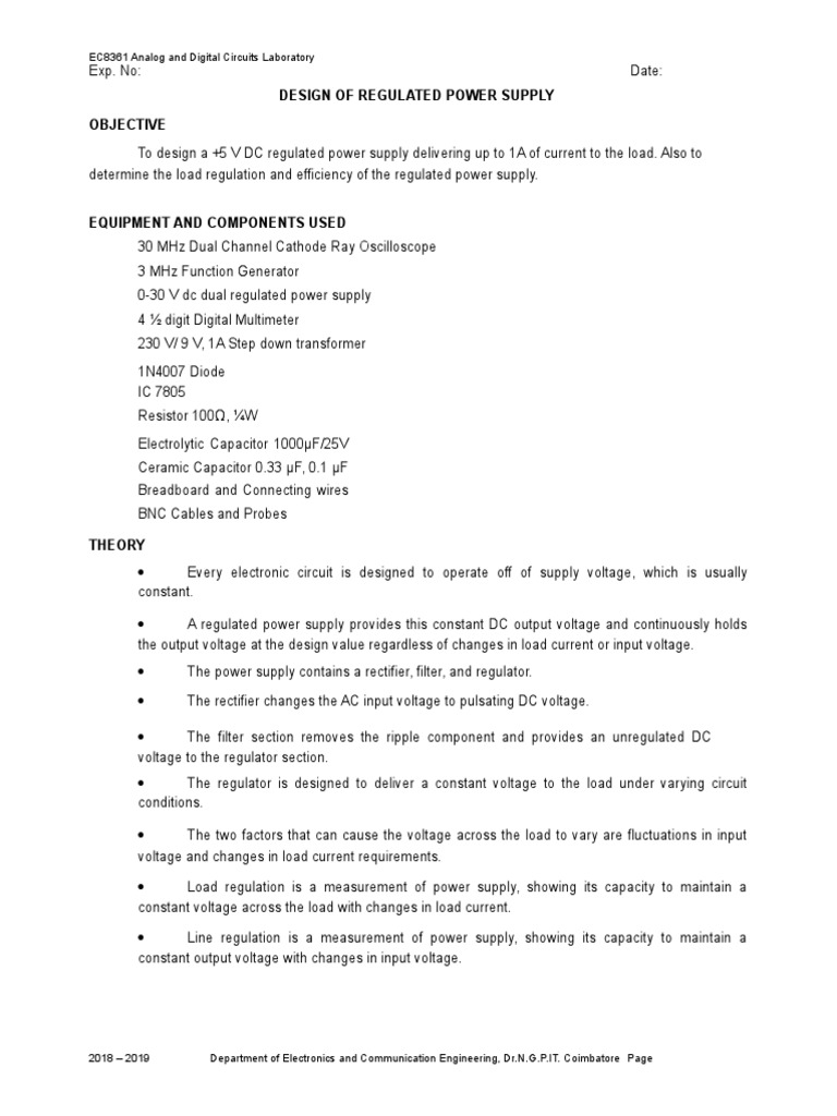 Design of 5V Regulated Power Supply | PDF | Power Supply | Rectifier