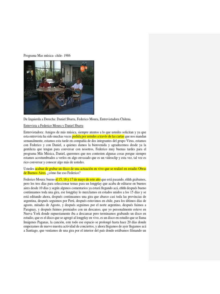 Entrevista A Federico Moura y Daniel Sbarra 1987 Chile | PDF | Ocio