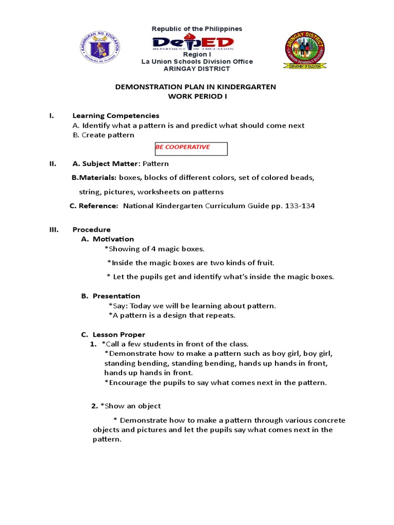Demonstration Plan in Kindergarten | Download Free PDF | Quality Of ...