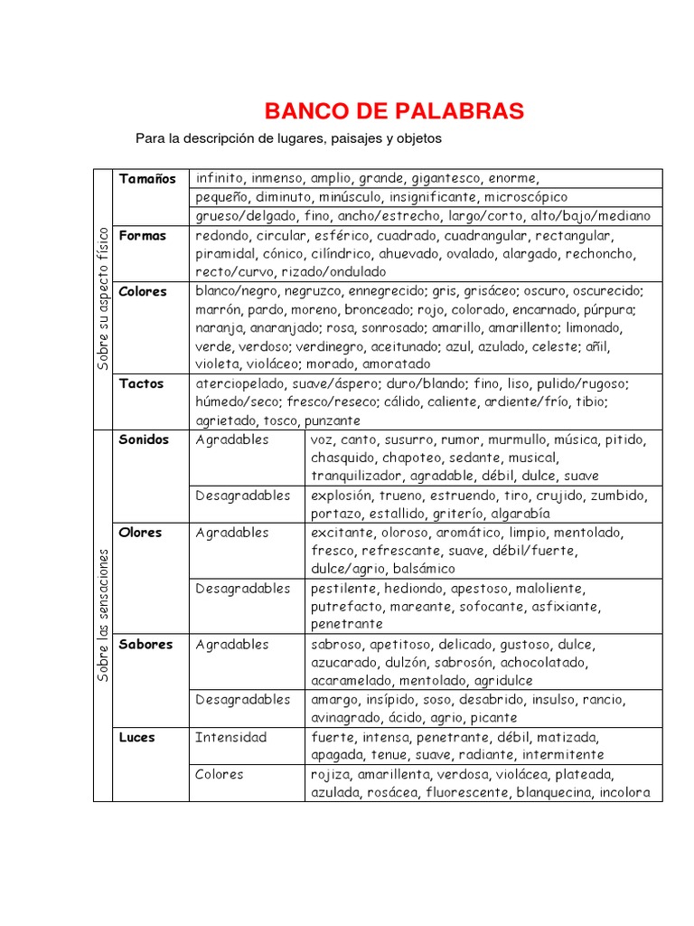 Banco de Palabras para Trabajar Las Descripciones | Descargar gratis ...