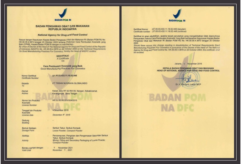 Sertifikat CPKB PT Tissan Serbuk Tabur Serbuk Kompak | PDF