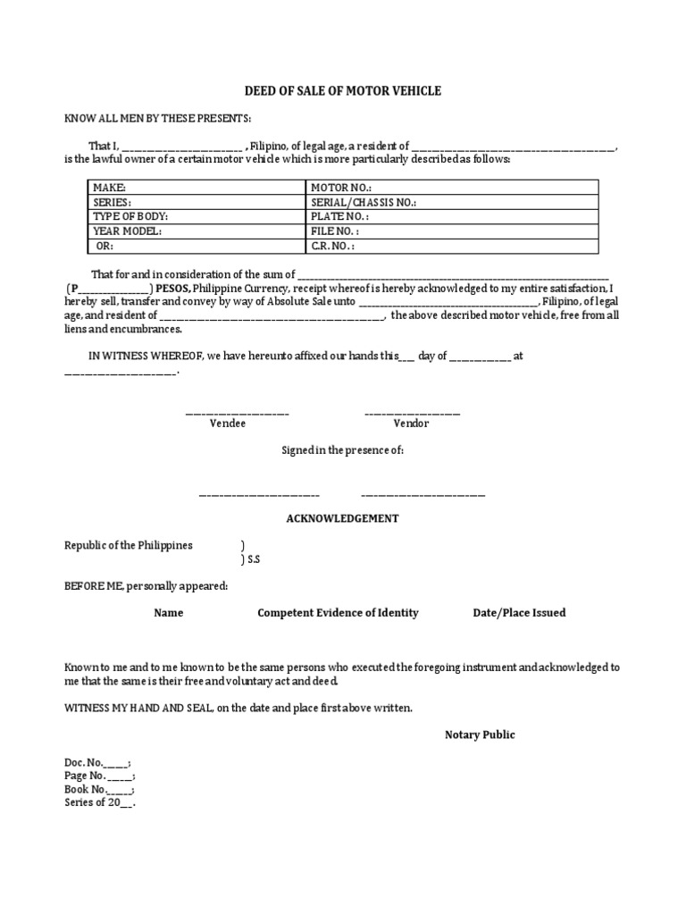 DEED-OF-SALE-OF-MOTOR-VEHICLE.pdf | Natural Resources Law | Property Law