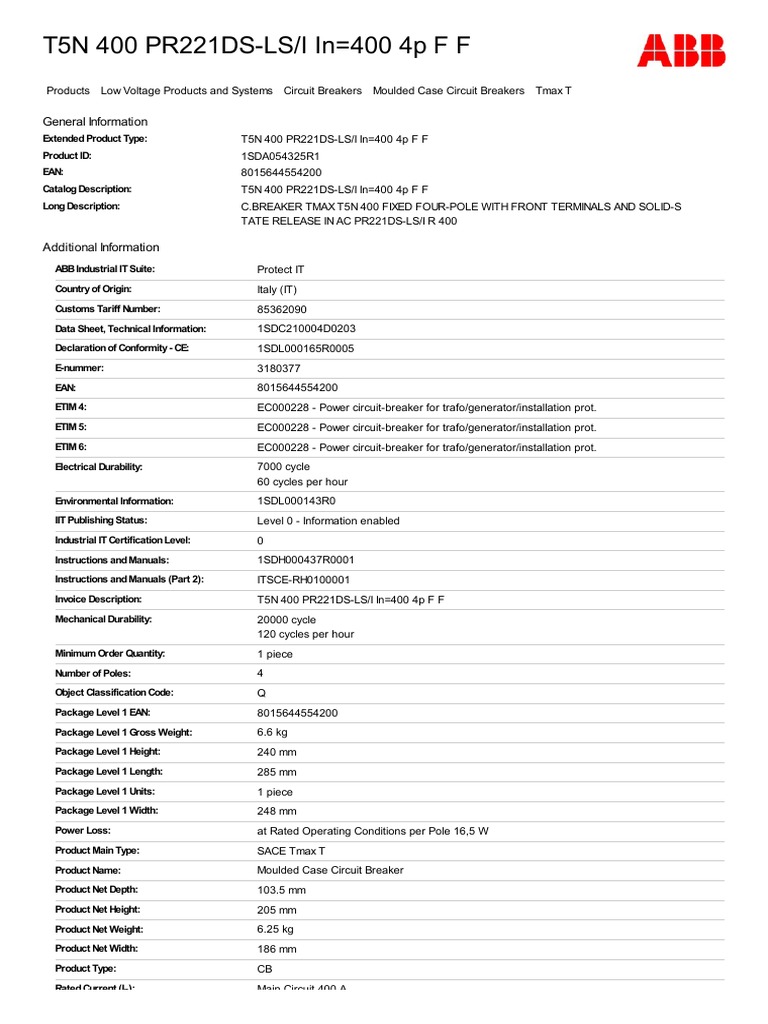 1SDA054325R1-t5n-400-pr221ds-ls-i-in-400-4p-f-f | Electric Generator ...