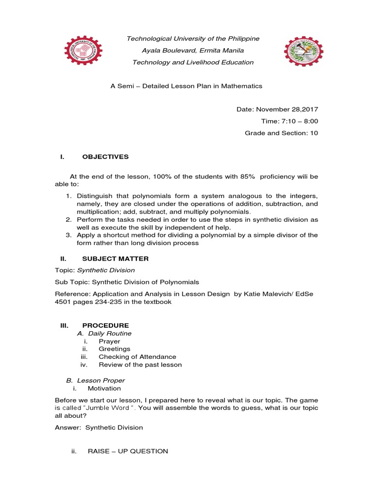 Semi-Detailed Lesson Plan Synthetic Division | PDF | Discrete ...