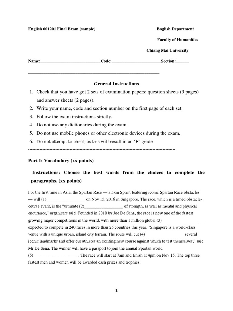 English 001201 Final Exam (Sample) | Sports | Test (Assessment)