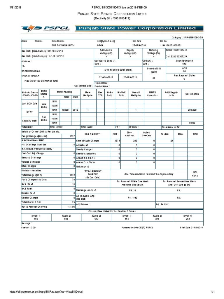PSPCL Bill 3001180413 Due On 2018-FEB-09 | PDF | Volt | Electrical ...