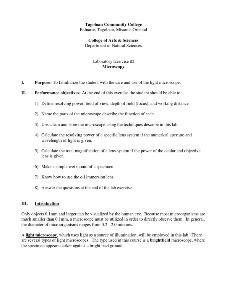 TCC - Laboratory Ex # 02 (Microscopy) - Nat. Sci. 101 (Bio-Zoo For Midwifery) | PDF | Angular ...