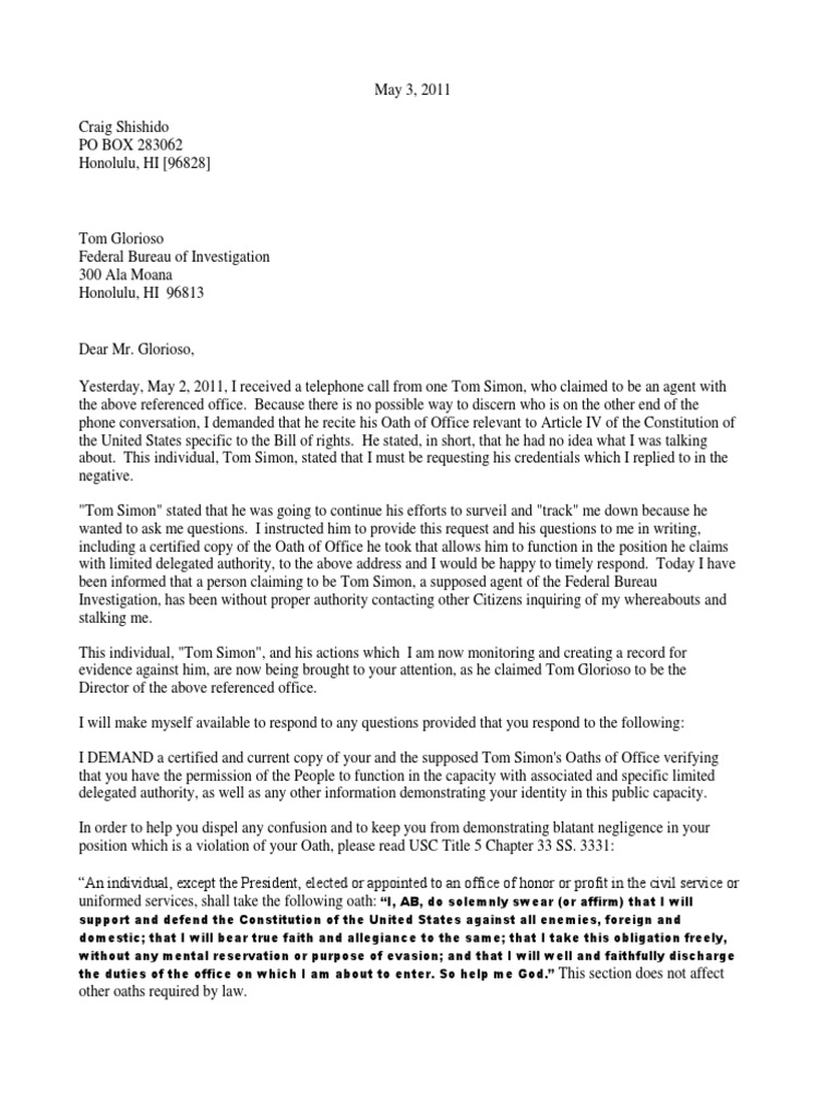 Back Off Letter FBI | PDF | Oath Of Office | Justice