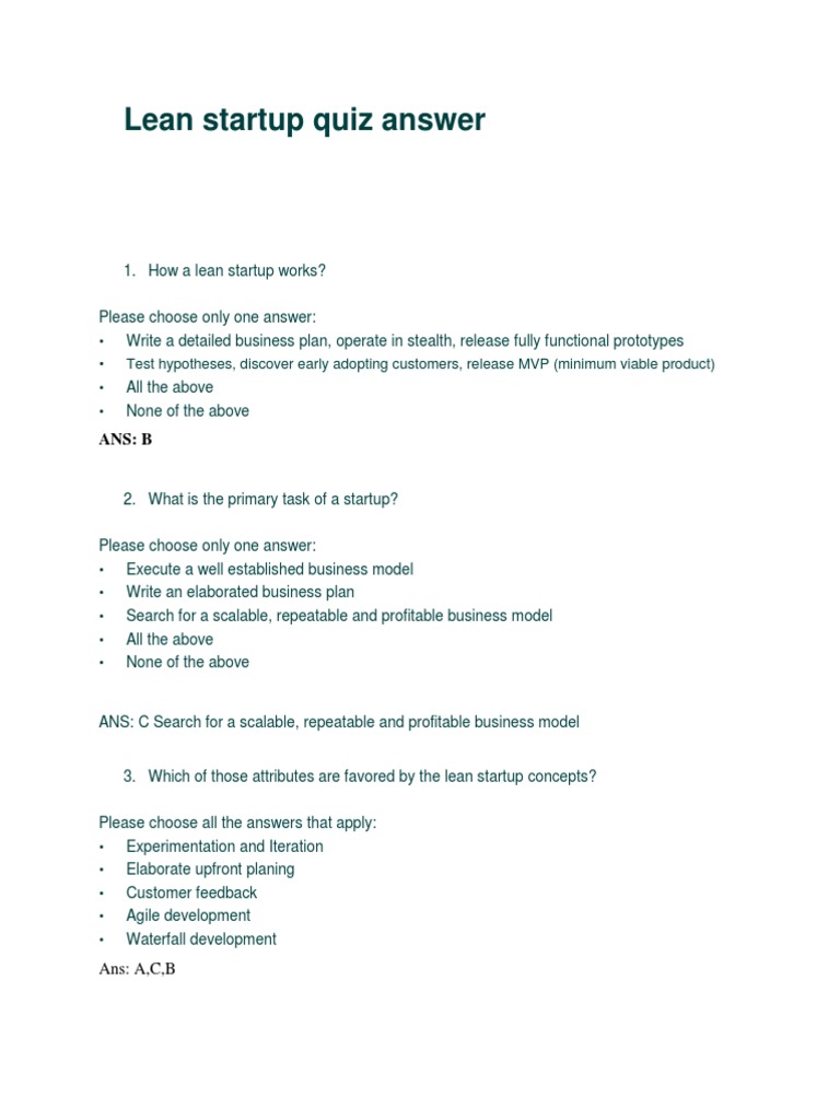 The Lean Startup Quiz Answer | PDF | Lean Startup | Startup Company