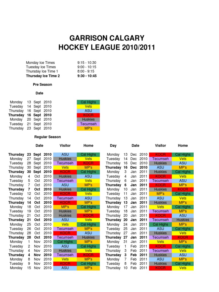 GHL Ice Schedule 2010-2011 | PDF | Sports