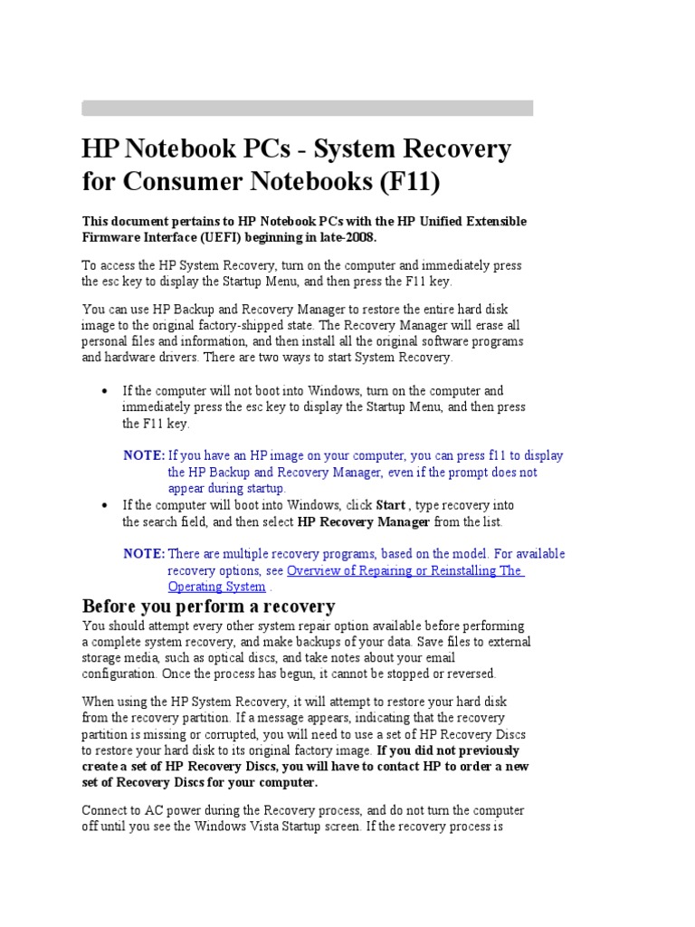 HP Notebook Pcs - System Recovery For Consumer Notebooks (F11) | PDF ...