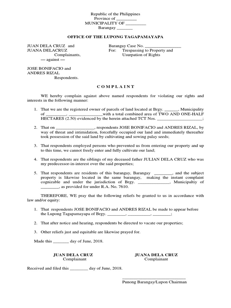 Sample Barangay Complaint | Civil Law (Common Law) | Virtue