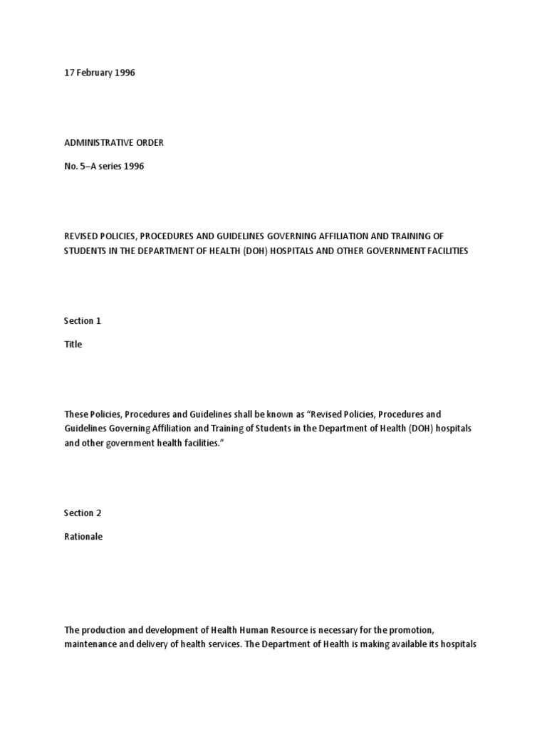 Administrative Order No. 5-A Series of 1996 | Hospital | Health Care ...