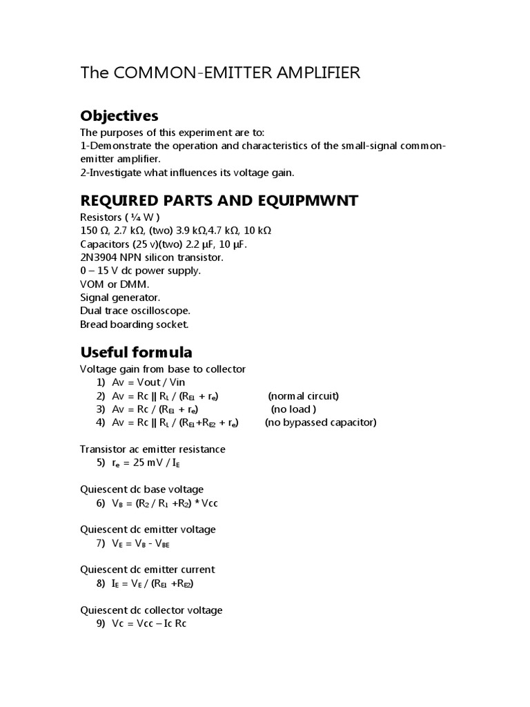 The COMMON Emitter Amplifier | PDF | Computer Engineering | Electrical ...