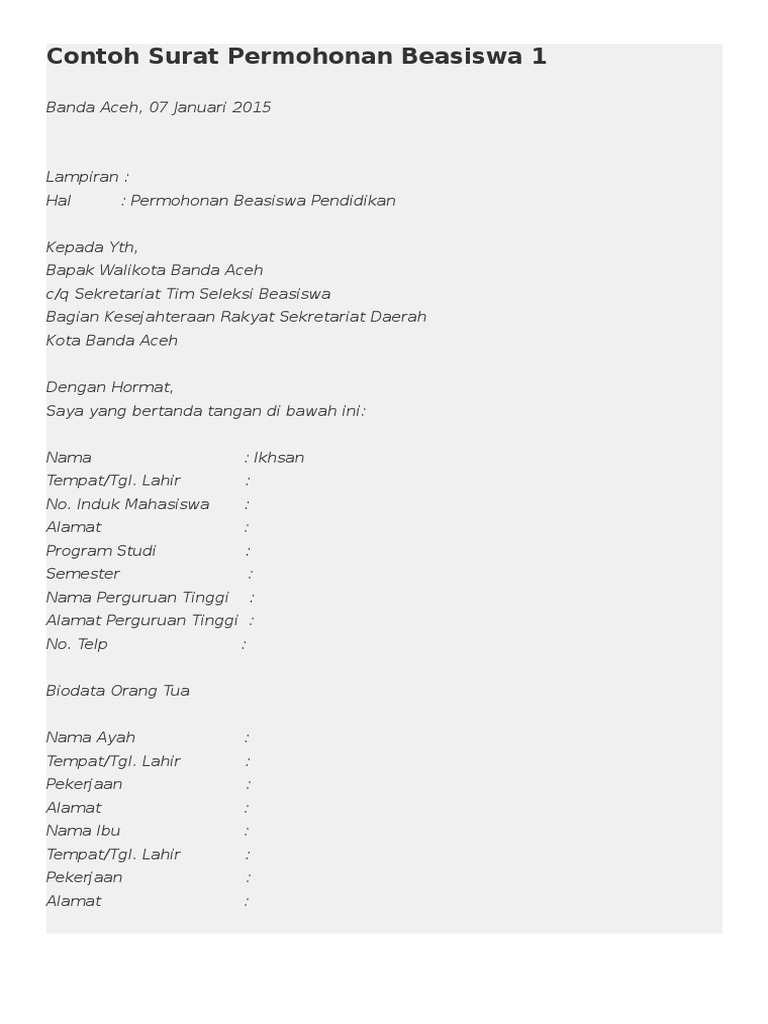 Contoh Surat Permohonan Beasiswa | PDF