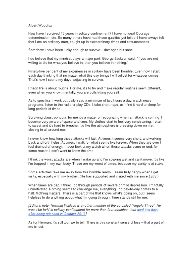 Albert Woodfox letter | Solitary Confinement