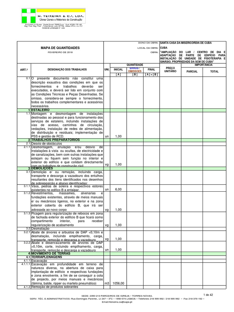 Mapa de Quantidades Sem Preços | Argamassa | Isolamento Térmico