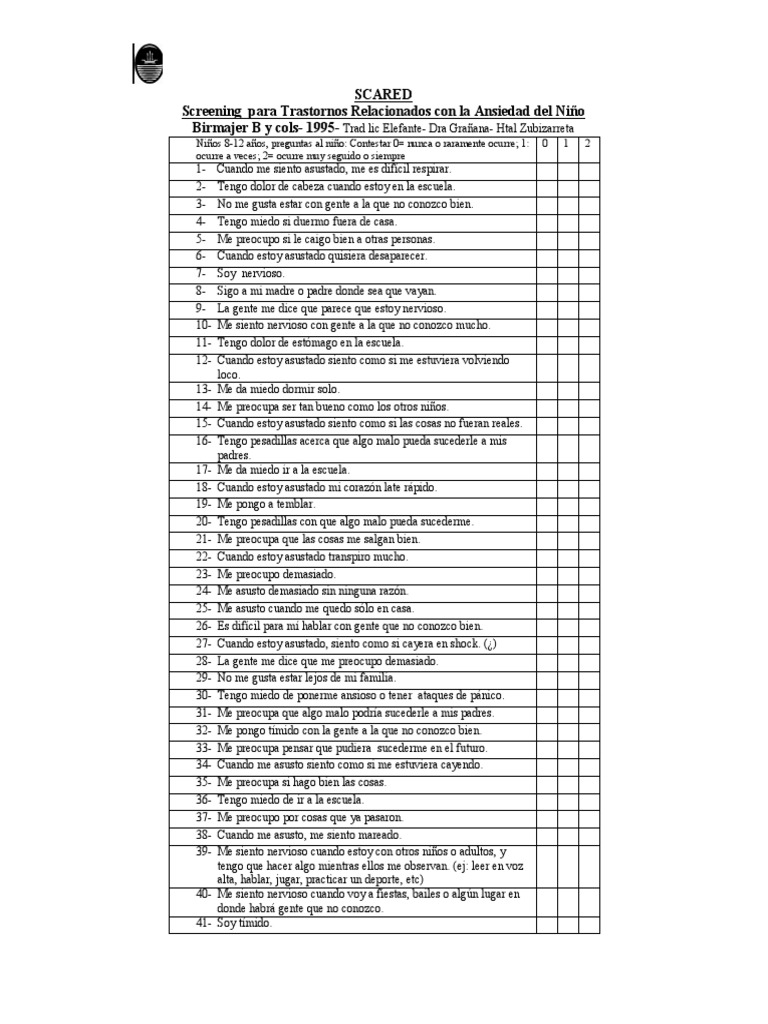 SCARED Escala para Trastornos Ansiedad Del Niño | PDF | Ocio