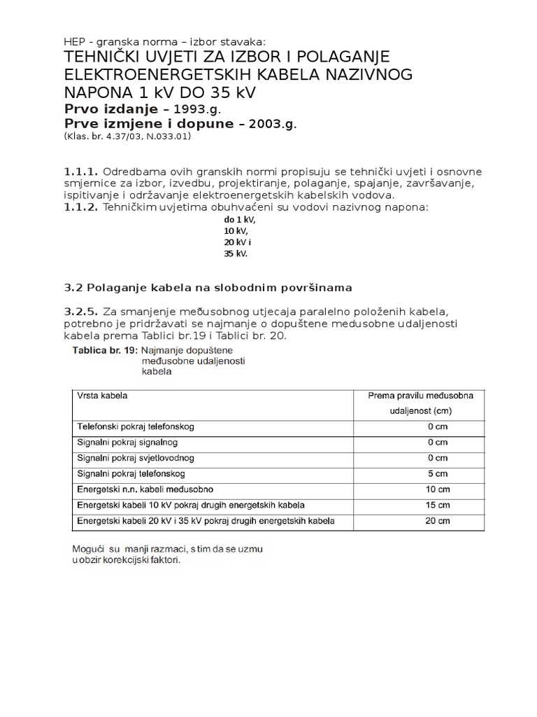 Izbor Stavaka - HEP Tehnički Uvjeti Za Polaganje EE Kabela 1kV Do 35kV | PDF