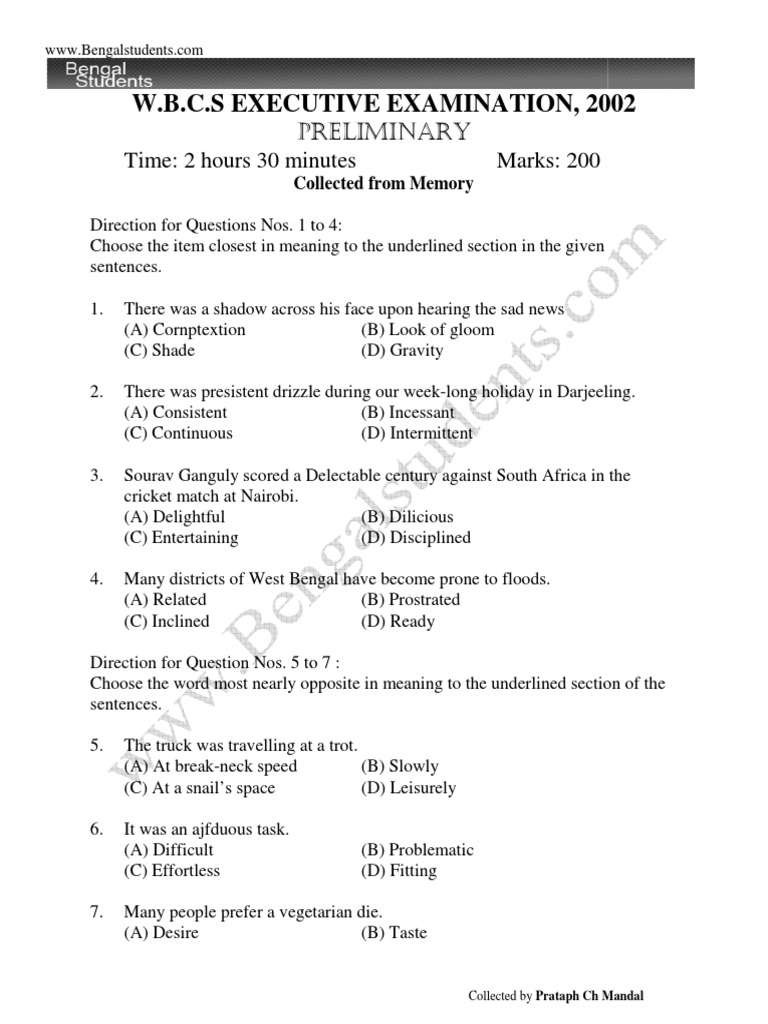 WBCS Prelims 2002 (Eng Ver) Question Paper | PDF | Nature