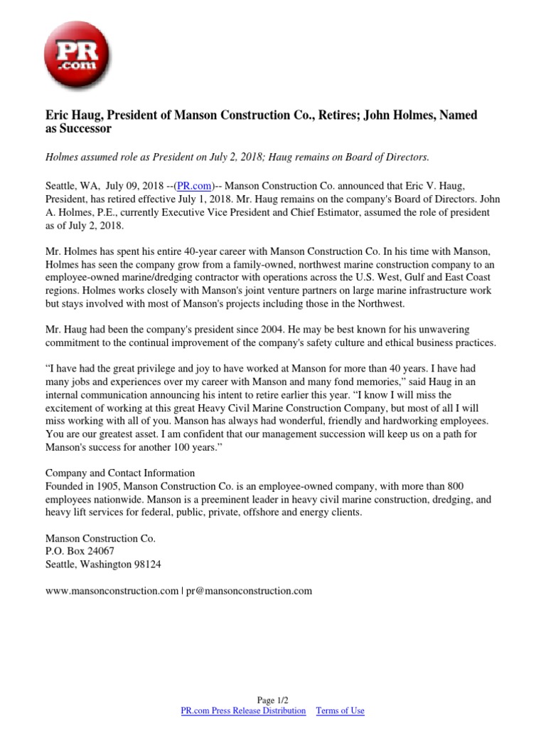Eric Haug, President of Manson Construction Co., Retires John Holmes ...