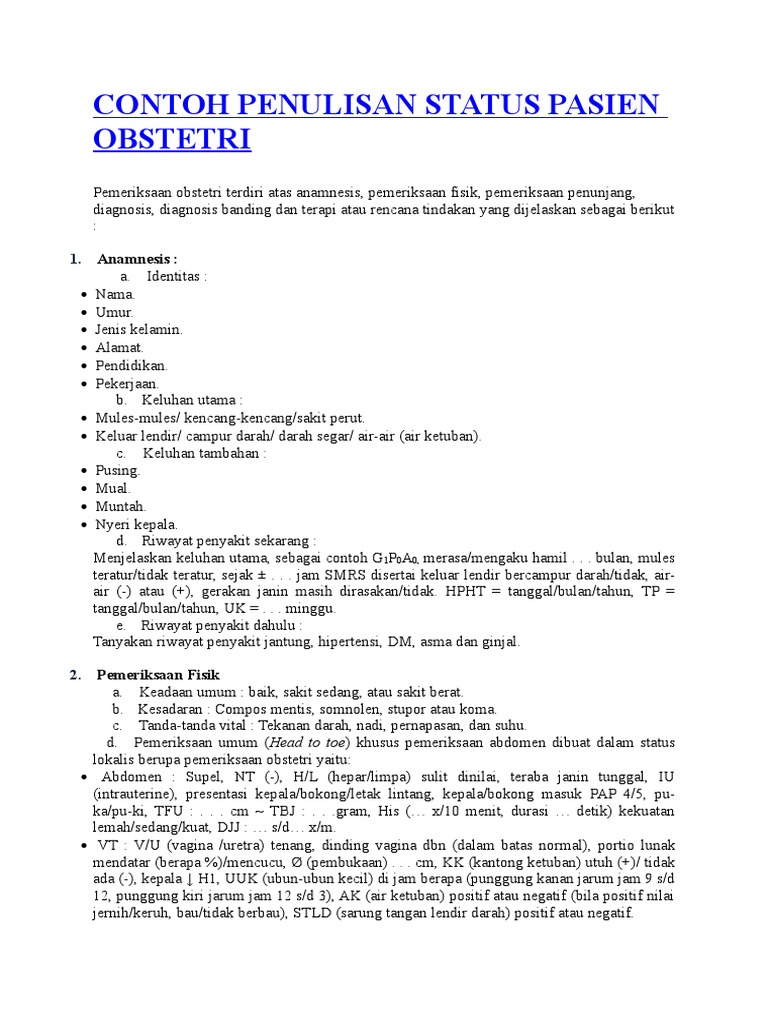 Contoh Penulisan Status Pasien Obstetri | PDF