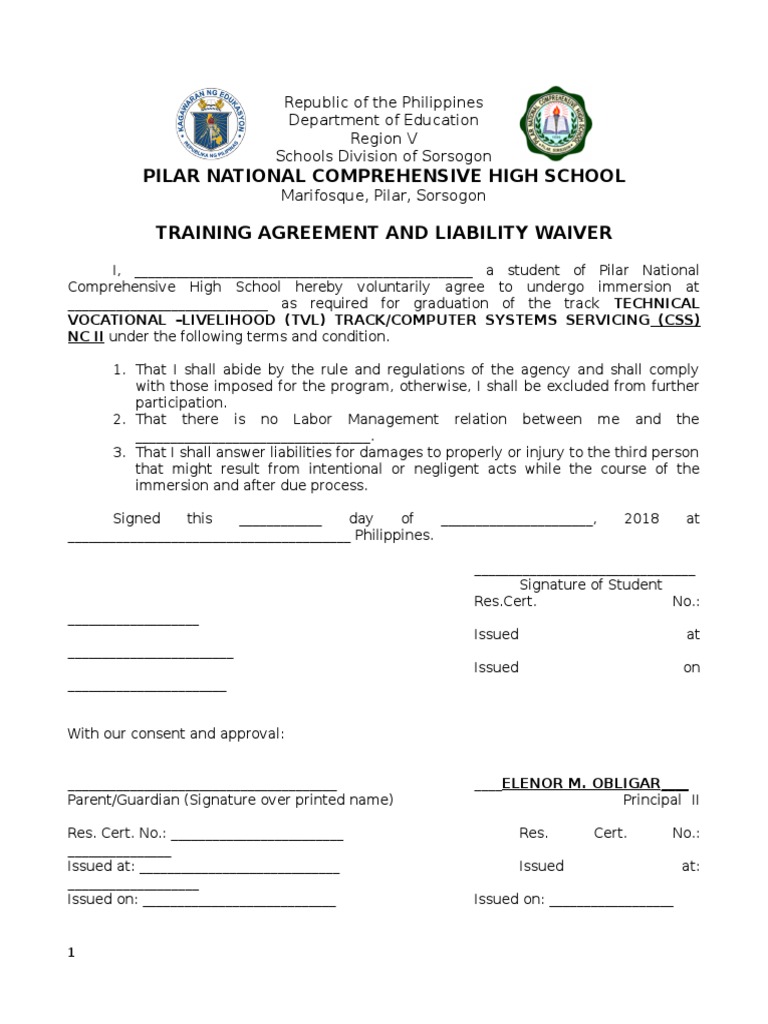 Training Agreement and Liability Waiver | PDF | Consent | Common Law