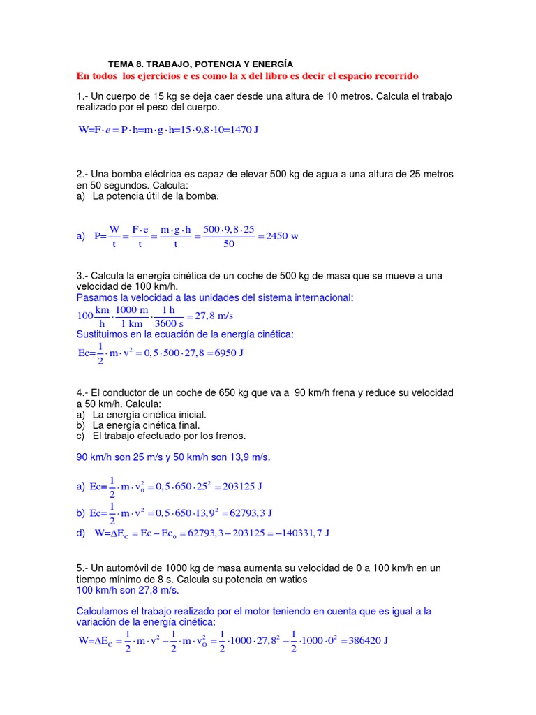 Ejercicios de Trabajo Potencia y Energía | PDF | Energía cinética ...