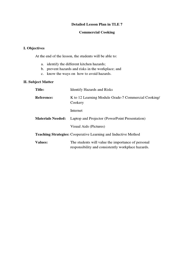 Lesson Plan in TLE Identifying Hazards and Risksdocx | PDF | Hazards | Risk