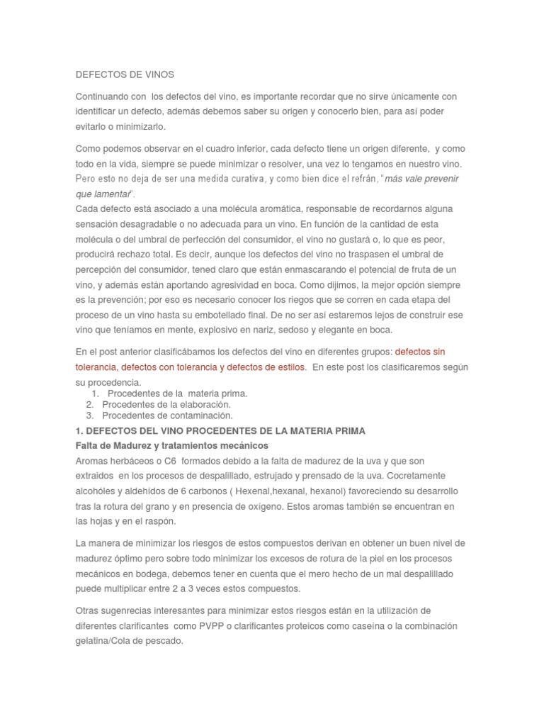 Defectos del Vino: Orígenes y Soluciones | PDF | Vino | Alcohol