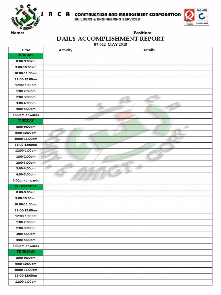Daily Accomplishment Report: Name: Position | PDF