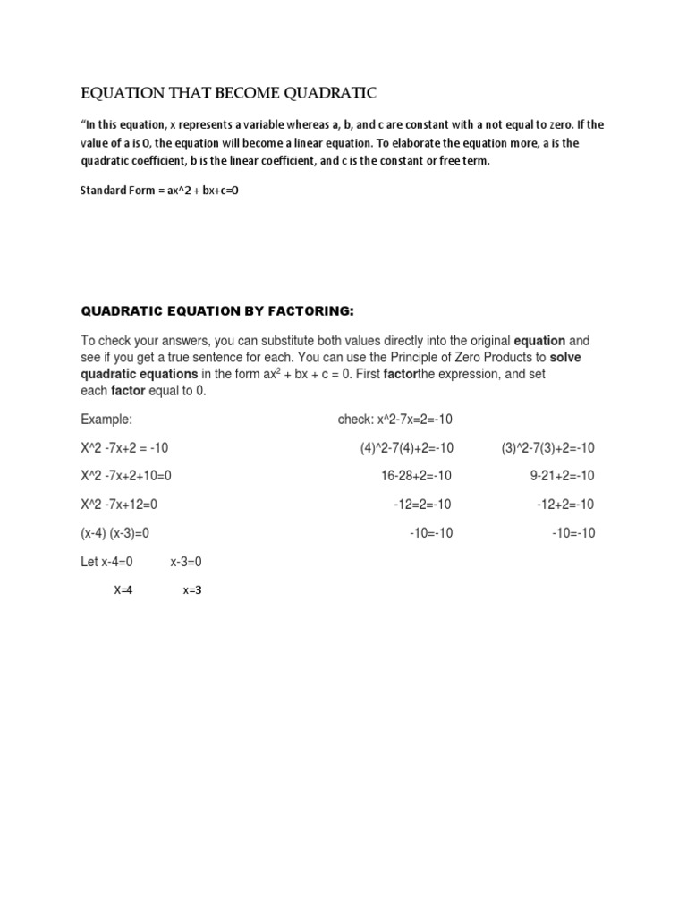 Equation That Become Quadratic | PDF | Quadratic Equation | Zero Of A ...