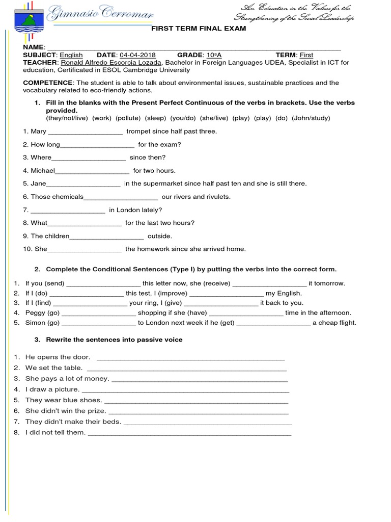 First Term Final Exam: 2. Complete The Conditional Sentences (Type I ...