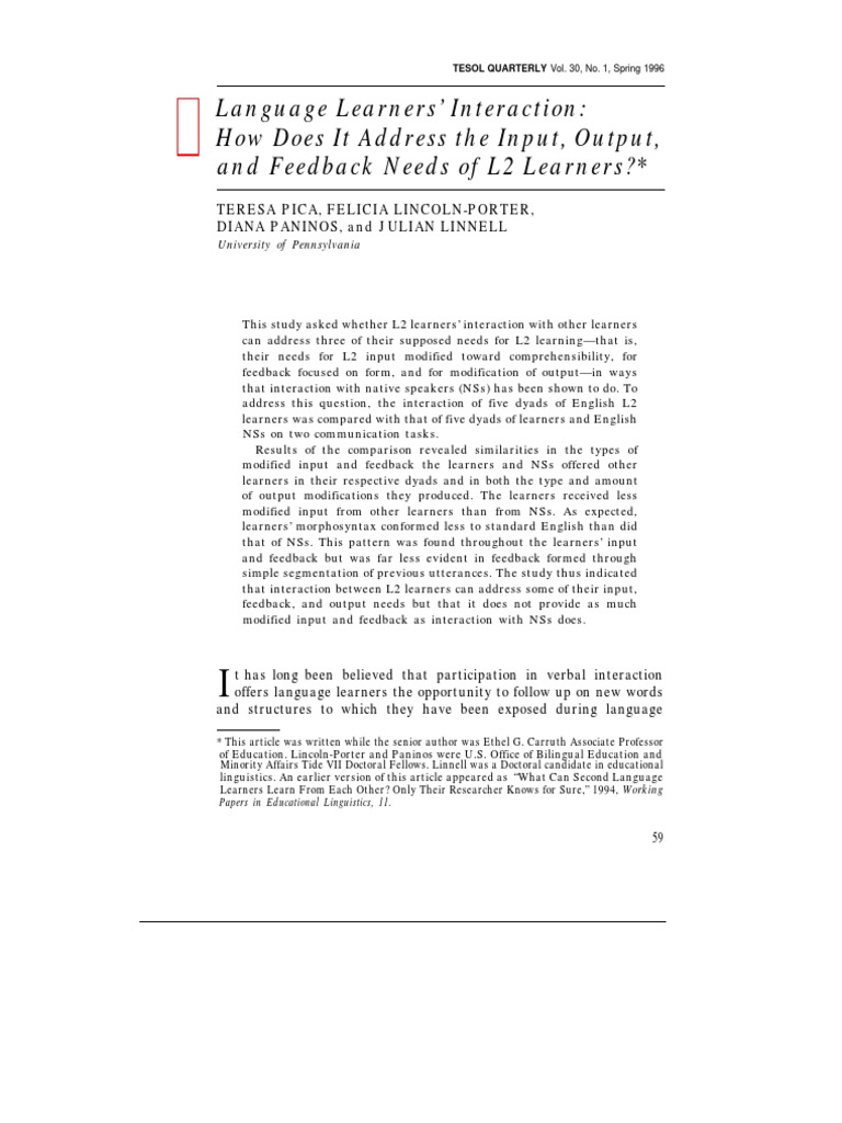 Pica Et Al 1996 Language Learners' Interaction How Does It Address The Input, Output, and ...