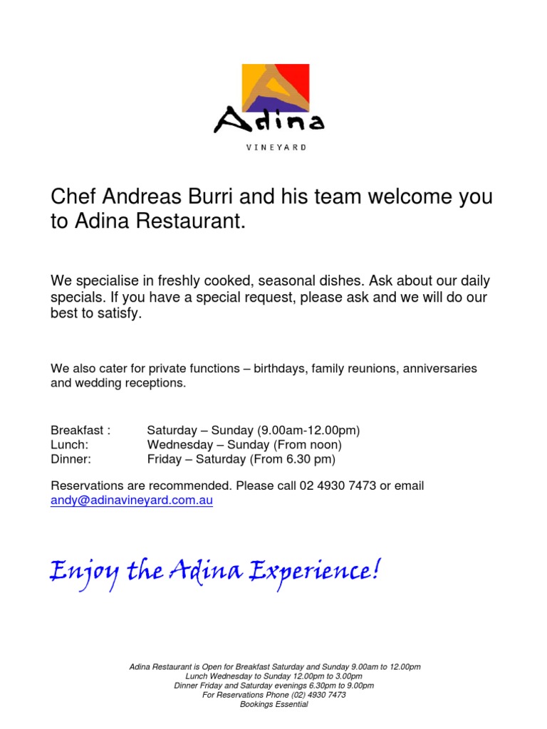 Chef Andreas Burri and His Team Welcome You To Adina Restaurant ...