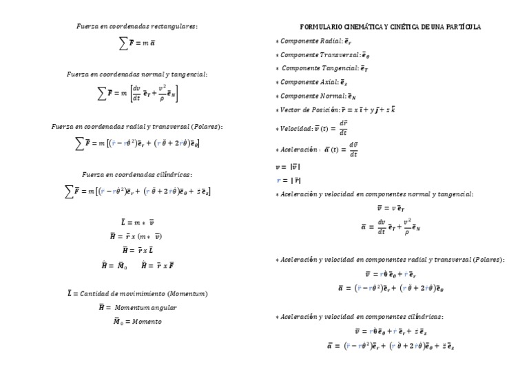 Formulario Cinemática y Cinética de Una Partícula | PDF