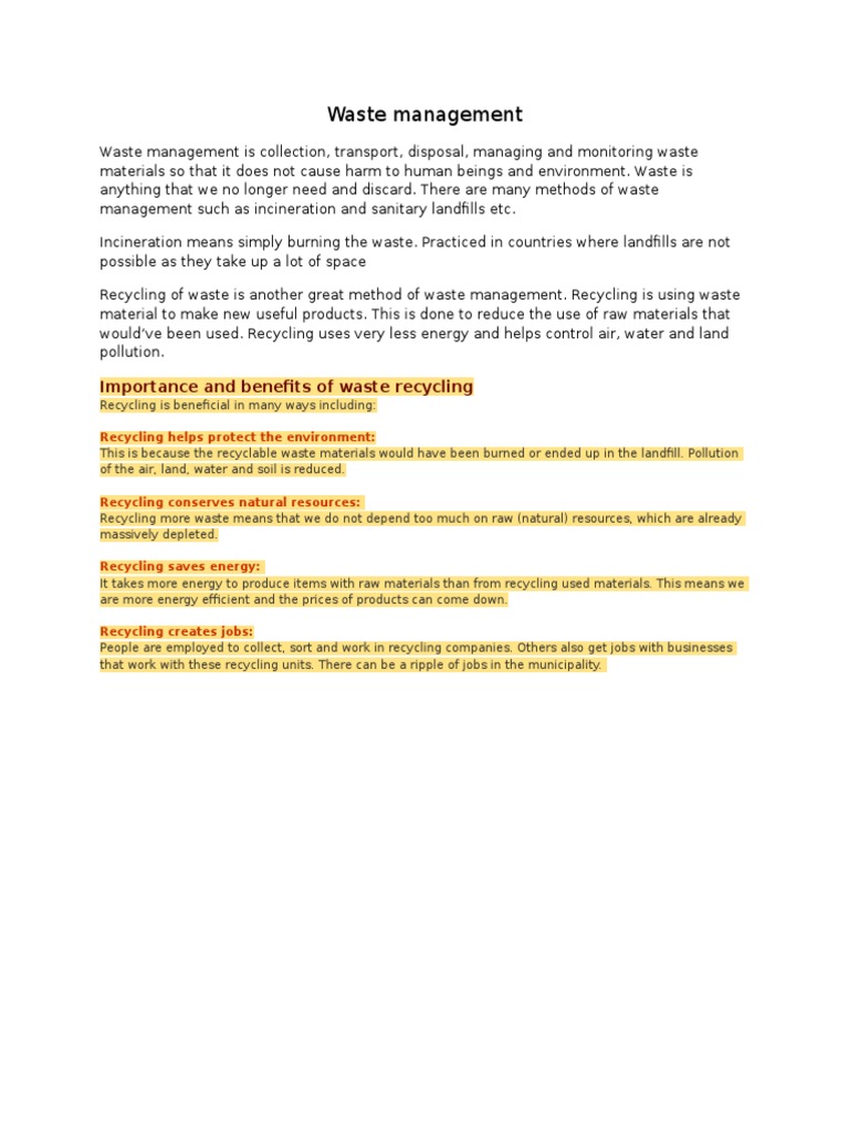Waste Management: Importance and Benefits of Waste Recycling | PDF