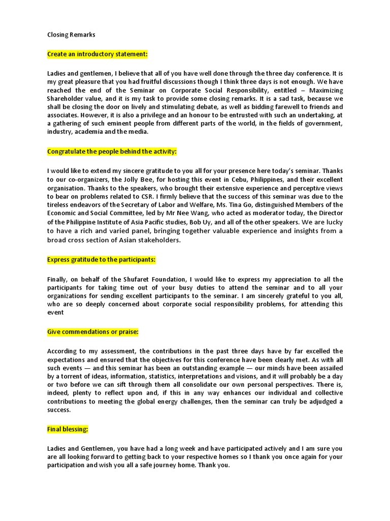 Closing Remark | Corporate Social Responsibility | Public Sphere | Free ...