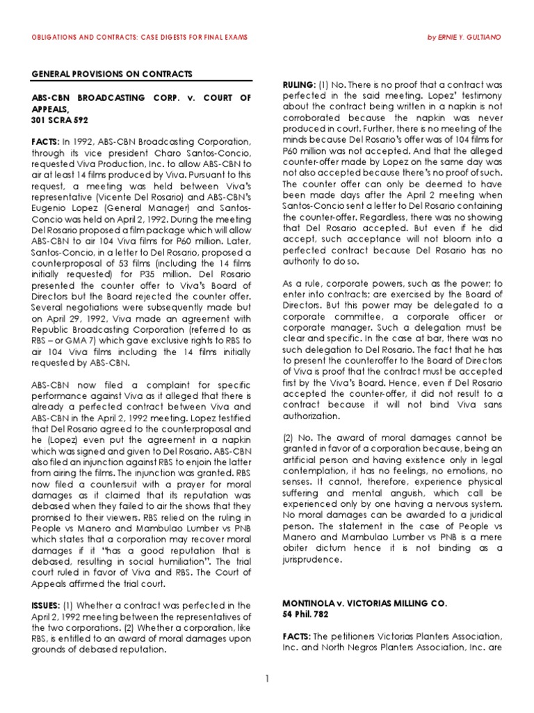 Oblicon Case Digests (Finals) | PDF | Offer And Acceptance | Judgment (Law)